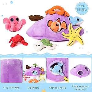 Muiteiur Plush Soft Ocean Animals Set with Plush Sea Shell House Includes Stuffed Turtle, Lobster, Crab, Dolphin, Devil Fish, Octopus, Starfish, Clownfish (Multicolor,8 Piece)