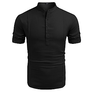 COOFANDY Men's Henley T-Shirts Short Sleeve Casual Band Collar Black Shirts Fashion Linen Tee Summer Beach Hippie Party Wear