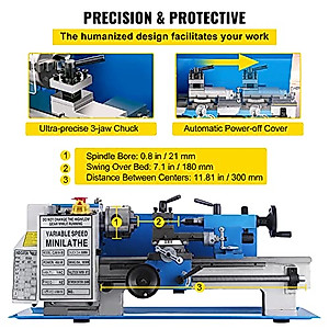 Mophorn Metal Lathe 7 x 12 Inch, Precision Mini Metal Lathe 2250 RPM 550W Variable Speed, Mini Lathe Precision Bench Top Metal Working Lathe for Various Types of Metal Turning
