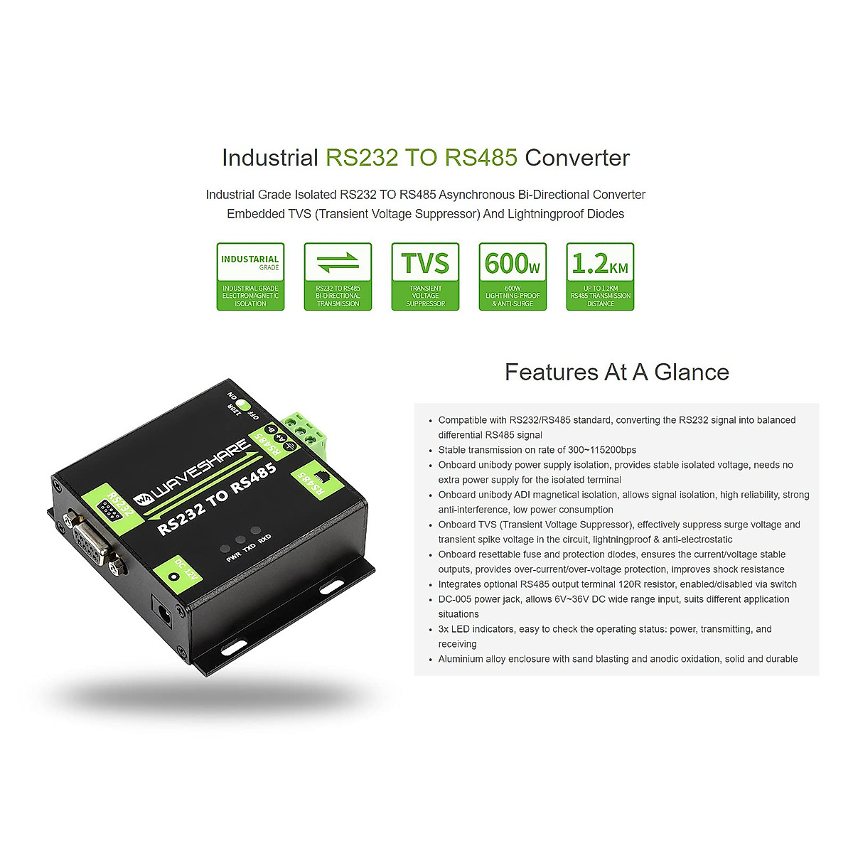 waveshare Industrial Grade Isolated RS232 to RS485 Converter with ADI Magnetical Isolation