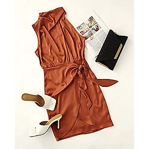 ZESICA Women's 2023 Fashion Satin Sleeveless Halter Neck Tie Waist Wrap Bodycon Cocktail Party Mini Dress,Rust,Medium