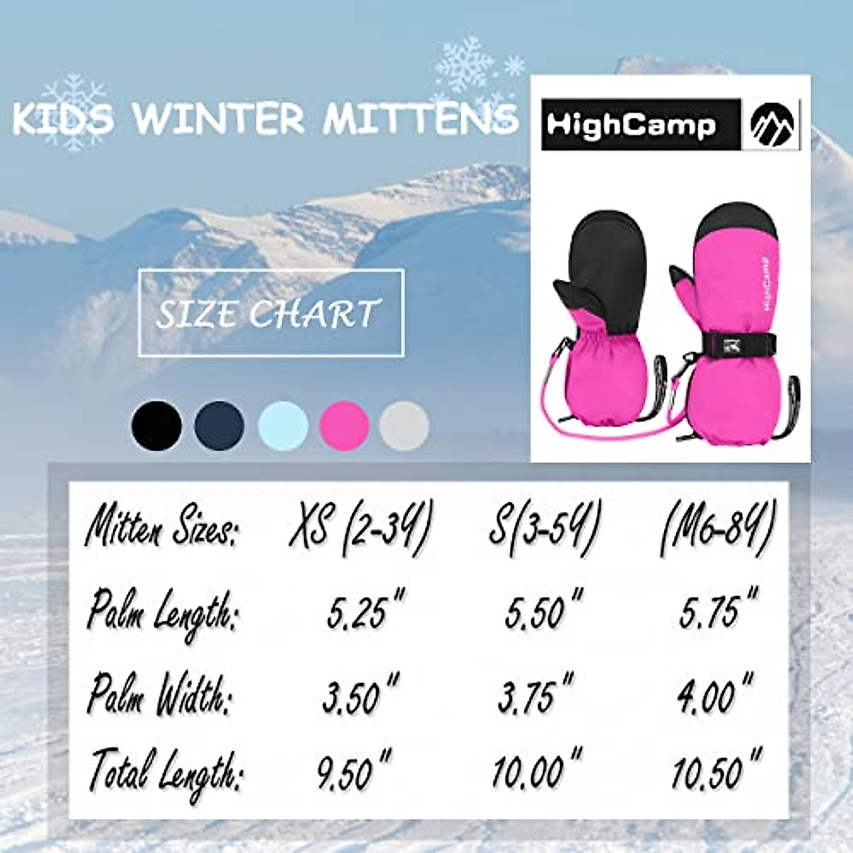 HIGHCAMP Kids Ski Mittens Waterproof Winter Snow Gloves with Zipper and String on Long Cuff for Toddler Boys Girls -Rosa,M (6-8 Y)