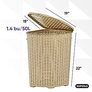 Plastic Corner Laundry Hamper with Lid, Curved Designed Laundry Basket, 2 Pack Triangle Beige Cloths Hamper Organizer with Cut-out Handles for Laundry Room Bedroom Bathroom, Wicker Design, 50 Liter