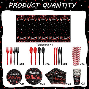 Capoda Birthday Party Supplies Happy Birthday Tableware Set Confetti Starry Tablecloth Plates Cups Napkins Dinnerware for Kids Adults Party Supplies Decor(Red and Black)