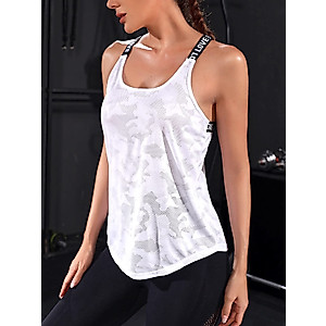 SweatyRocks Women's Activewear Letter Print Criss Cross Backless Tank Top Workout Out Sports Shirt White L
