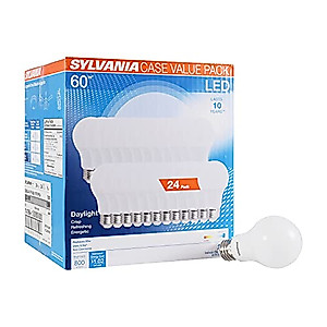 SYLVANIA LED A19 Light Bulb, 60W Equivalent, Efficient 8.5, 10 Year, W, 5000K, 800 Lumens, Frosted, Daylight - 24 Pack (74766)