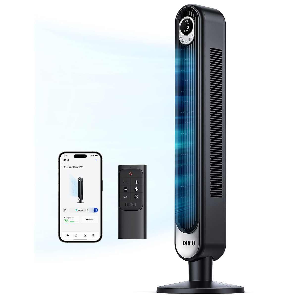 Dreo Smart Tower Fan WiFi Voice Control, Works with Alexa/Google, Cruiser Pro T1S Floor Standing Bladeless Oscillating Fan with Remote, 6 Speeds, 4 Modes, 12H Timer, for Indoor Bedroom Home Office