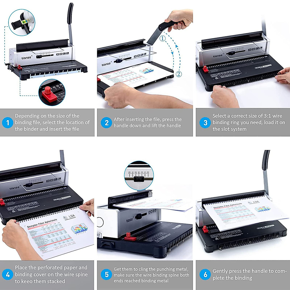 TIANSE Binding Machine, Wire Binder Machine 34 - Square Size Holes, Punching 120 Sheets, Bind 12 Sheets Book Maker with Sturdy Metal Construction Comes with 100pcs of 3/8" Wire Binding Ring
