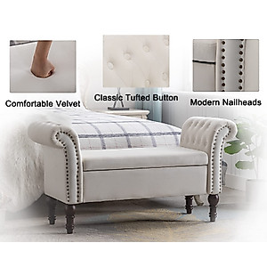 QUINJAY Velvet Tufted Upholstered Storage Bench, Cream, 33.5 in L x 16.5 in W x 26 in H