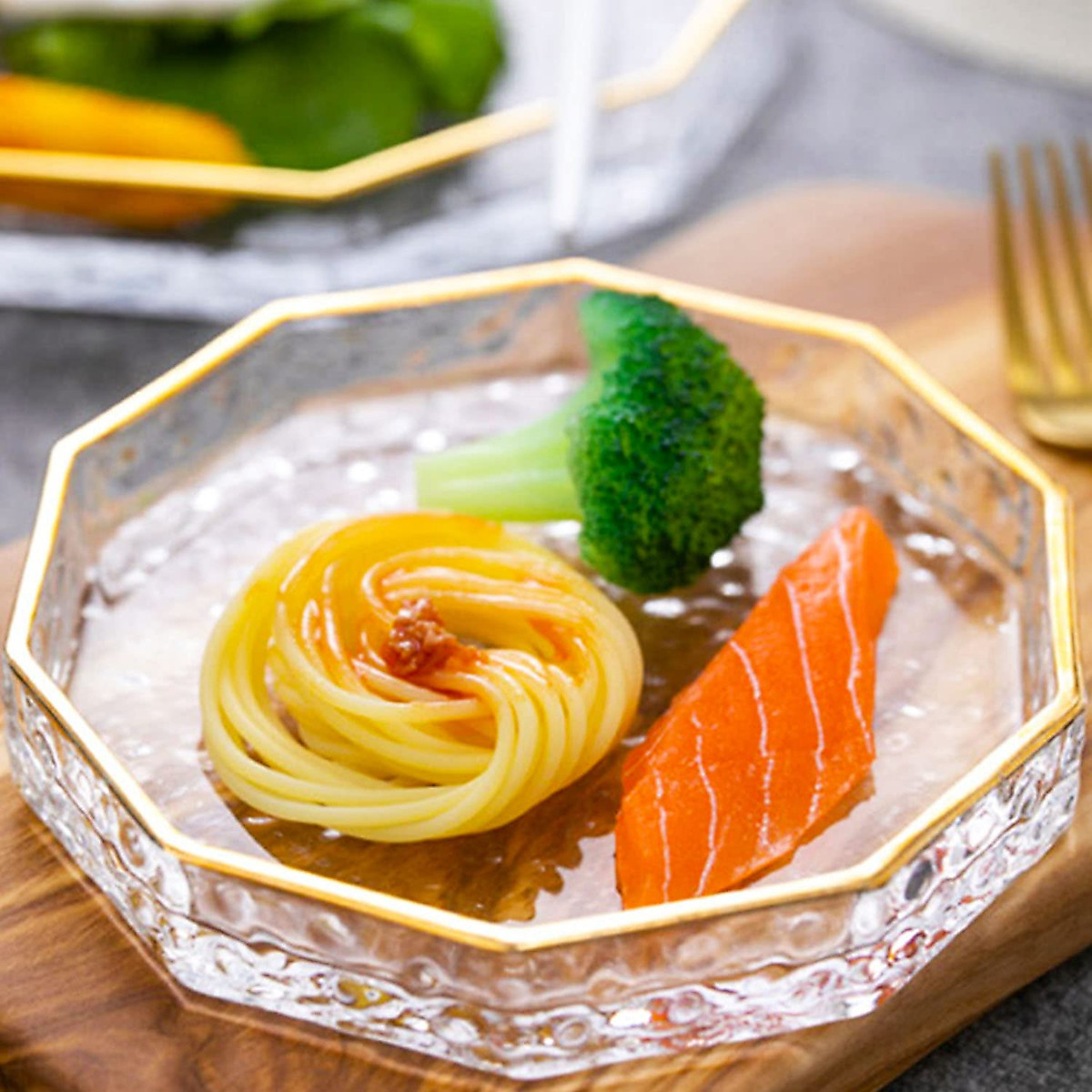 7 Inch Decagon Glass Tray with Gold Rim, Clear Hammered Vanity Makeup Tray with 1” Wall, Thick Decorative Dresser Bathroom Tray Perfume Display Tray Cosmetic Tray for Tabletop Countertop S, Halyuhn