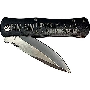PawPaw - I Love You to The Moon and Back Stainless Steel Folding Pocket Knife with Clip, Black