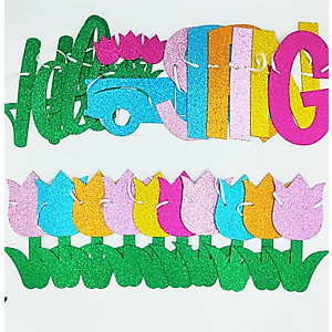 JKQ Glitter Hello Spring Banner with Tulip Truck Signs and Colorful Glittery Tulips Banner Hello Spring Tulips Flowers Garland Banner Spring Easter Birthday Party Fireplace Mantle Decorations