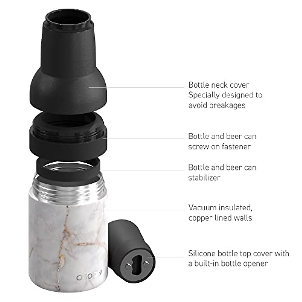 Asobu Frosty Beer Holder 2 Go Vacuum Insulated Double Walled Stainless Steel Beer Can and Bottle Cooler with Beer Opener Eco Friendly and Bpa Free (Marble)