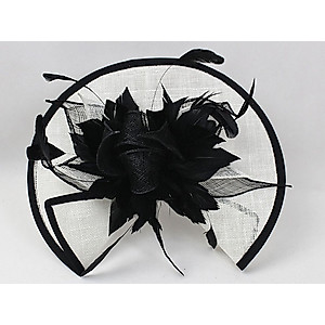 Z&X Sinamay Fasciantor Derby Church Hats for Women Floral Feather Wedding Tea Party Headpiece with Headband Clip Black and White