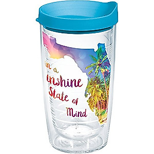 Tervis Florida Sunshine State Of Mind Made in USA Double Walled Insulated Plastic Tumbler Travel Cup Keeps Drinks Cold & Hot, 16oz, Blue Lid