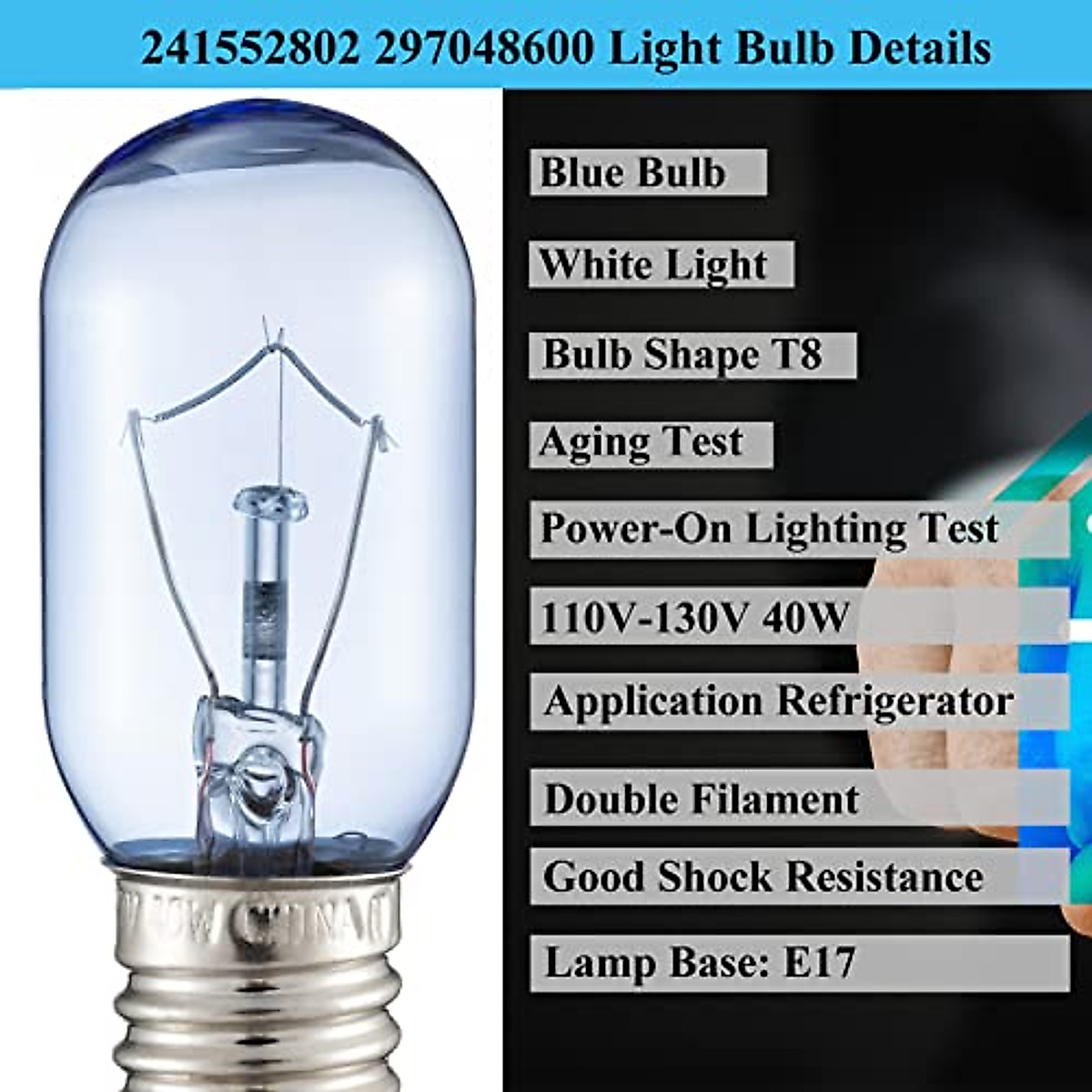 297048600 241552802 AP3770086 1056577 AH976993 EA976993 PS97699 Refrigerator Light Bulb Compatible with Frigidaire Kenmore Whirlpool KitchenAid Electrolux Refrigerators T8 E17 40Watt Light Bulb,2 pack