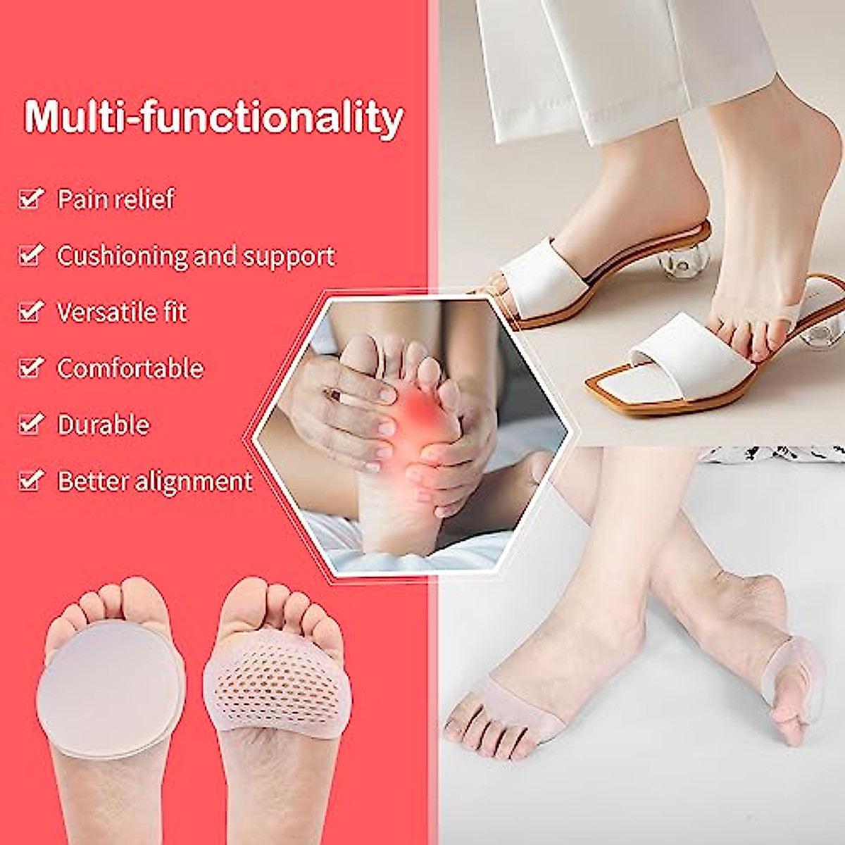 Metatarsal Pads for Women and Men - AMODOST Ball of Foot Cushions Shoe Pads for High Heels - Soft Gel and Silk Reusable Forefoot Heel Pads Feet Pain Relief - 4 Pairs