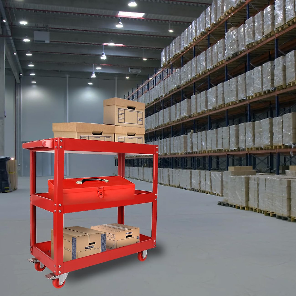 LFGUD 3-Tier Commercial Utility Cart with Brake Wheels, Sturdy Steel Construction, 110 lbs Capacity, Red