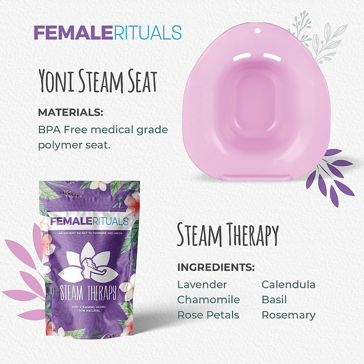 FEMALE RITUALS Yoni Steam Seat Kit with Yoni Steam Herbs (4 Ounce) Steam Bundle - Yoni Steam Seat for Toilet - Yoni Steam Herbs for Cleansing - V Steam - Detox Yoni Pot Steamer for Women