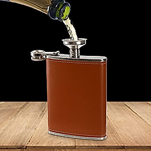 Suwimut 6 Pack Flask for Liquor and Funnel, 8 oz Leak Proof 18/8 Stainless Steel Pocket Hip Flask with Brown Leather Cover for Men Women Drinking of Alcohol, Whiskey, Rum and Vodka