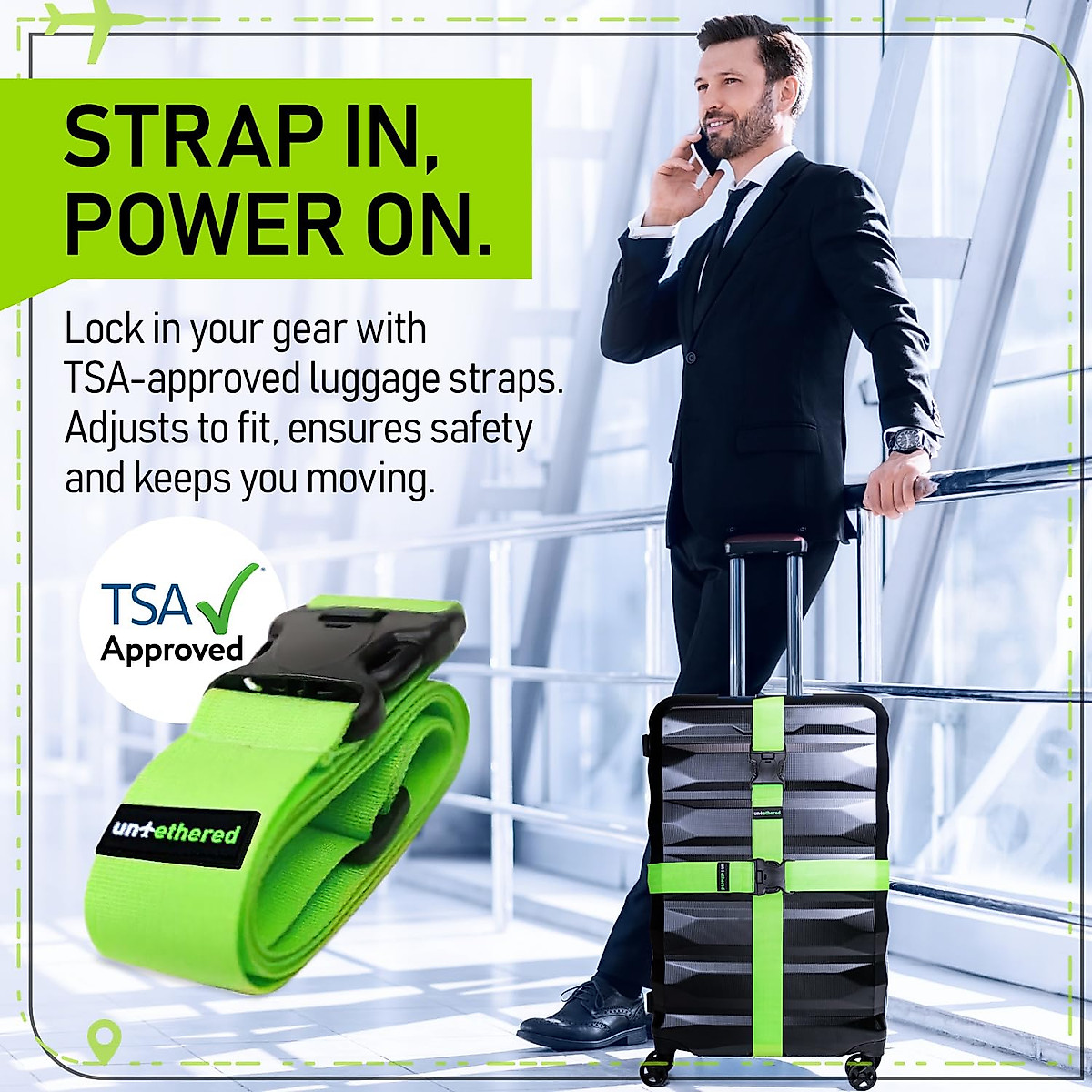 Untethered 4-Pack Luggage Straps | Durable TSA-Approved Suitcase Belt Straps | Adjustable Bag Straps for Secure Luggage Wrapping | Heavy-Duty Buckle Straps for Travel
