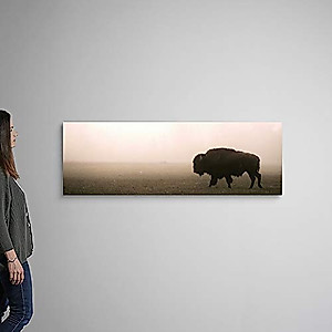 A Bison in Mist - Panoramic Canvas Wall Art Print, Wyoming Artwork