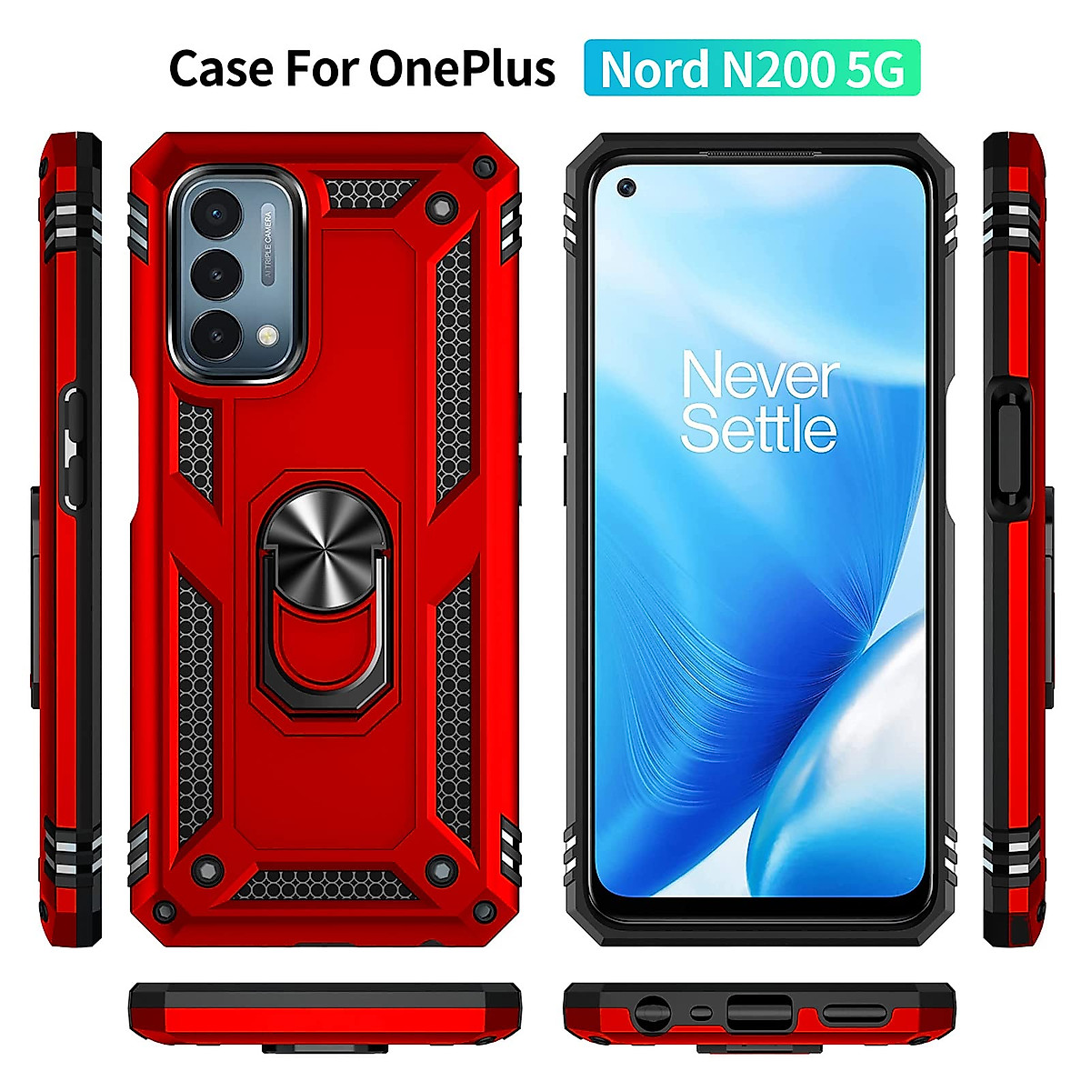 YZOK Compatible with OnePlus Nord N200 5G Case,with HD Screen Protector, [Military Grade] Ring Car Mount Kickstand Hybrid Hard PC Soft TPU Shockproof Protective Case for OnePlus Nord N200 5G (Red)