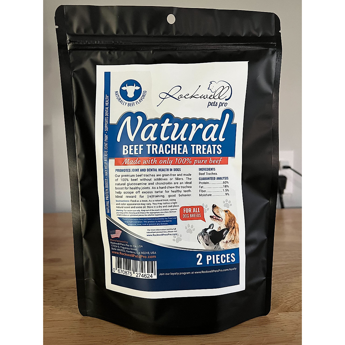 Rockwell Pets Pro Beef Trachea Dog Training Treats Single Ingredient and Made in USA 2X