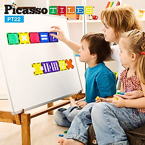 PicassoTiles PT22 Magnetic Building Blocks Numerical Magnet Tiles Educational Kit Toy Set 3D Clear Color Stacking Block STEM Playboard Novelty Game w/Numbers, Roman Numerals, and Math Symbols