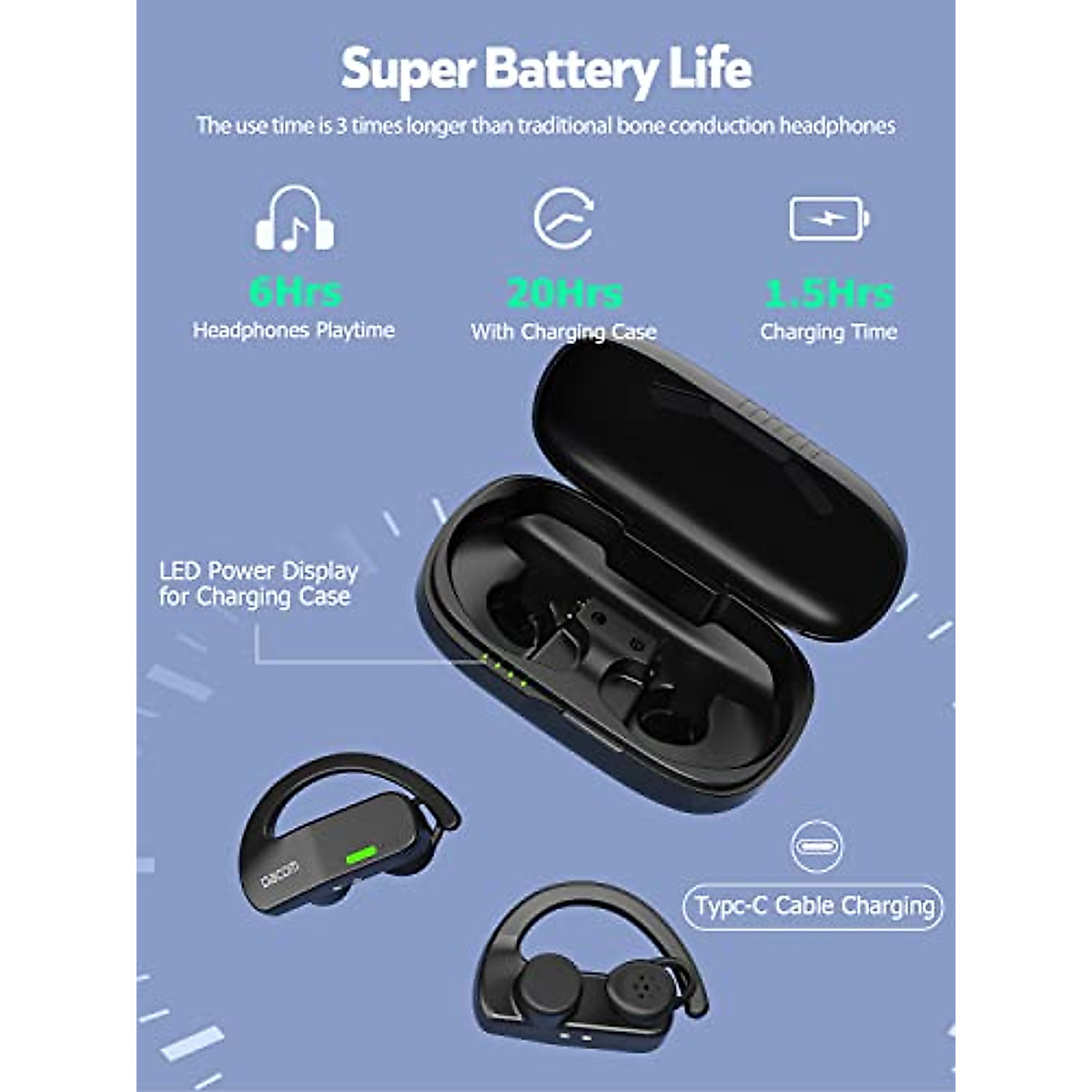 YYK Bone Conduction Headphones, Open Ear Wireless Bluetooth Headphones with Mic,True Wireless Earbuds with Earhooks,IP55 Waterproof,Flash Lights for Night Running Cycling Workout