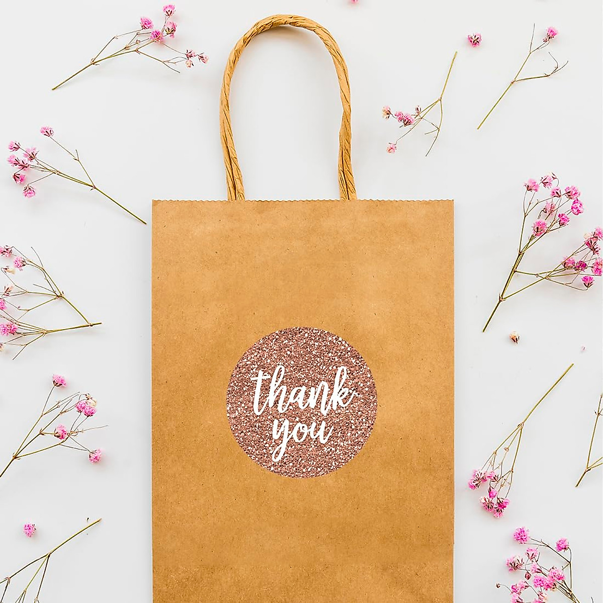 Andaz Press Round 2-inch Circle Label Stickers, Faux Rose Gold Glitter Script Style Black, Thank You, 40-Pack, Champagne Colored Wedding Baby Shower Birthday Decorations