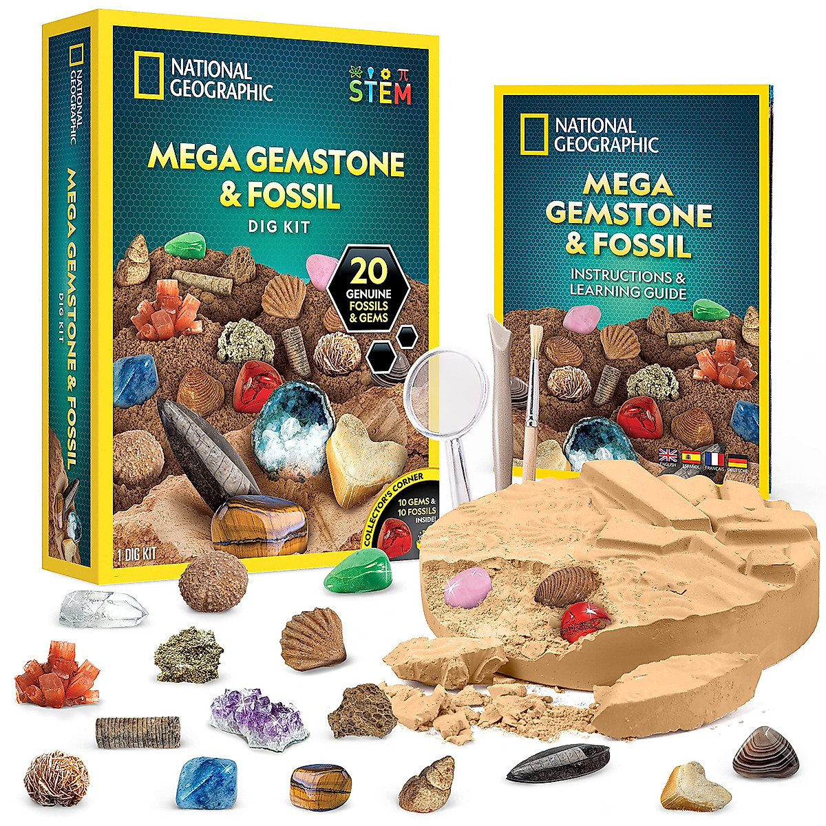 NATIONAL GEOGRAPHIC Mega Fossil and Gemstone Dig Kit - Excavate 20 Real Fossils and Gems, Science Kit for Kids, Rock Digging Excavation Kit, Geology Gifts for Boys and Girls (Amazon Exclusive)