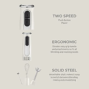 Rae Dunn Immersion Hand Blender- Handheld Immersion Blender with Egg Whisk and Milk Frother Attachments, 2 Speed Blender, 500 Watts, Stainless Steel Blade (Cream)