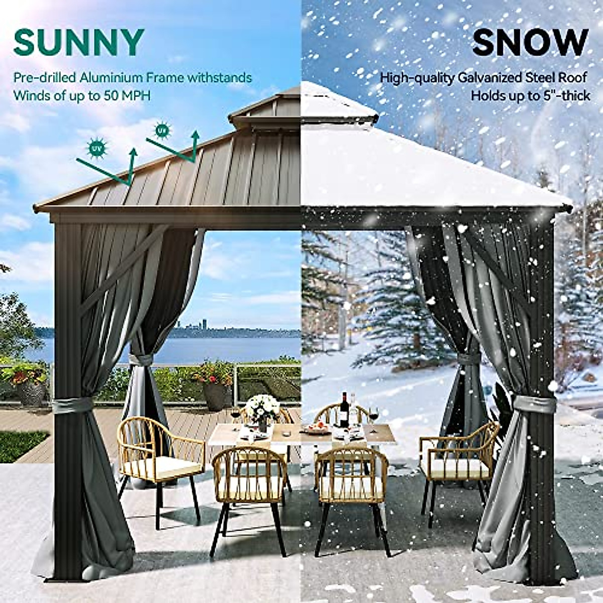 YITAHOME 10x10ft Hardtop Gazebo with Nettings and Curtains, Heavy Duty Double Roof Galvanized Steel Outdoor Combined of Vertical Stripes Roof for Patio, Backyard, Deck, Lawns, Gray