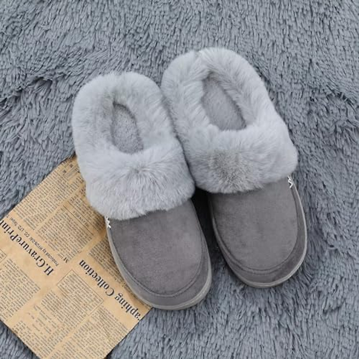 NineCiFun Women's and Men's Suede House Slippers Slip on Fuzzy Slippers with Faux Fur Lining Indoor Outdoor Home Shoes with Rubber Sole Grey (Women's Size 9-10,Men's Size 7-8)