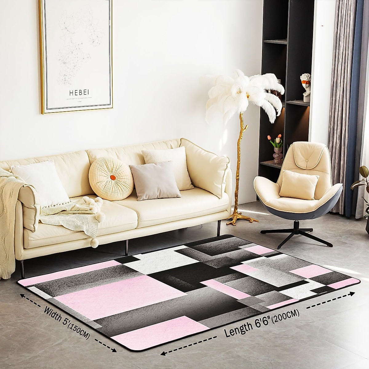 jejeloiu Geometric Living Room Rugs Area Rug 5x7 Pink Grey Black Buffalo Check Accent Rug for Modern Abstract Indoor Floor Mat Non-Slip Stripe Line Geometry Decorative Rug