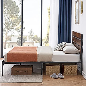 VECELO Platform Queen Bed Frame with Rustic Vintage Wood Headboard, Mattress Foundation, Strong Metal Slats Support, No Box Spring Needed