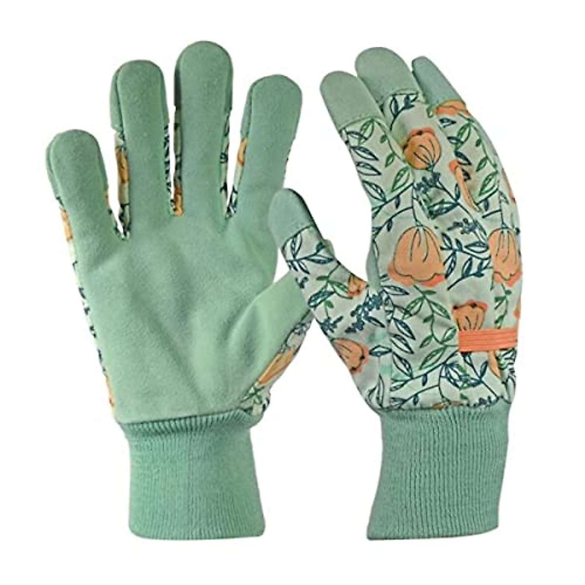 Digz Women's Leather Palm Garden Gloves with Knit Wrist, Coral Floral Pattern, Large