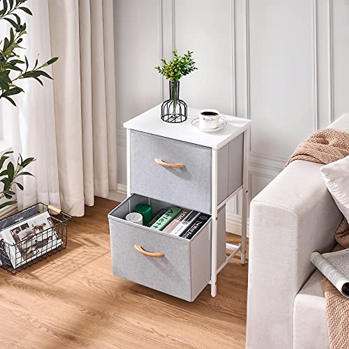 LAND·VOI Dresser Storage,Night Stand with 2 Fabric Drawers,End Table for Bedroom, Office, Living Room, and Hallway Entryway Closets, Steel Frame Wood Top, Easy Pull Handle,White Grey