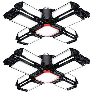 StillCool Garage Lights Ceiling Led, 2 Pack Shop Lights 180W 20000LM 6500K Garage Lights, 12 Adjustable Panels Deformable Ceiling Lighting Fixture - E26/E27 Bay Light for Barn, Workshop, Basement etc.