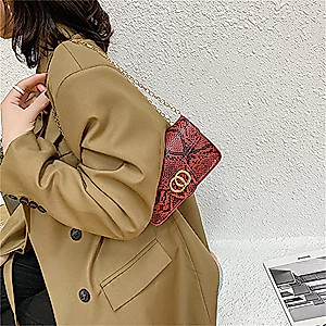 Unique Double O Design Snake Skin Magnetic Closure Crossbody Purse Shoulder Bag for Women & Girls (Red)