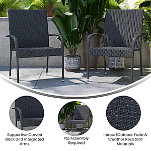 EMMA + OLIVER Sala Stacking All-Weather Patio Chair - Gray Woven Polyethylene Wicker - Powder Coated Steel Frame - for Indoor & Outdoor Use - Set of Four