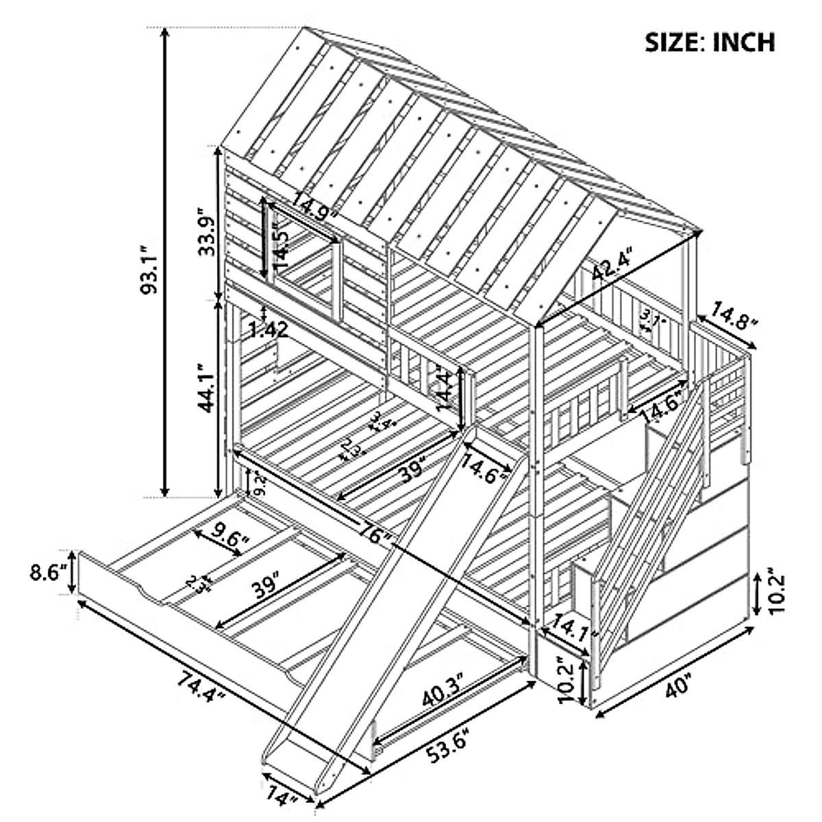 POCIYIHOME Twin Over Twin House Bunk Bed with Trundle and Slide & Storage Staircase, Roof Design with Window for Kids,Teens,Girls,Boys Bedroom, Space-Saving Design, No Box Spring Needed, Gray