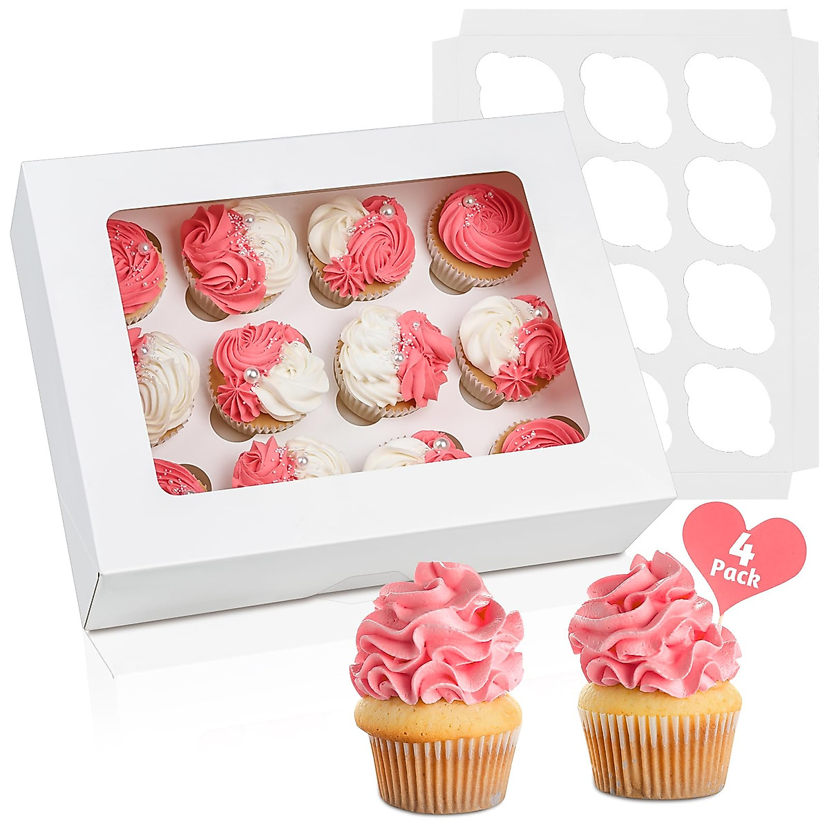 ZORRITA 12 Count Cupcake Boxes, 4 Pack Auto-Popup White Cupcake Containers with Window and Inserts Cupcake Carrier with Holders to Fit Dozen Cupcakes and Muffins