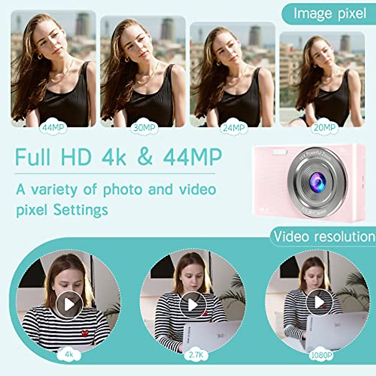 Saneen Digital Camera, FHD 4K & 44MP Kids Video Cameras for Photography with 32GB SD Card 16X Digital Zoom, Compact Point and Shoot Small Camera for Beginners, Kids and Teens-Pink