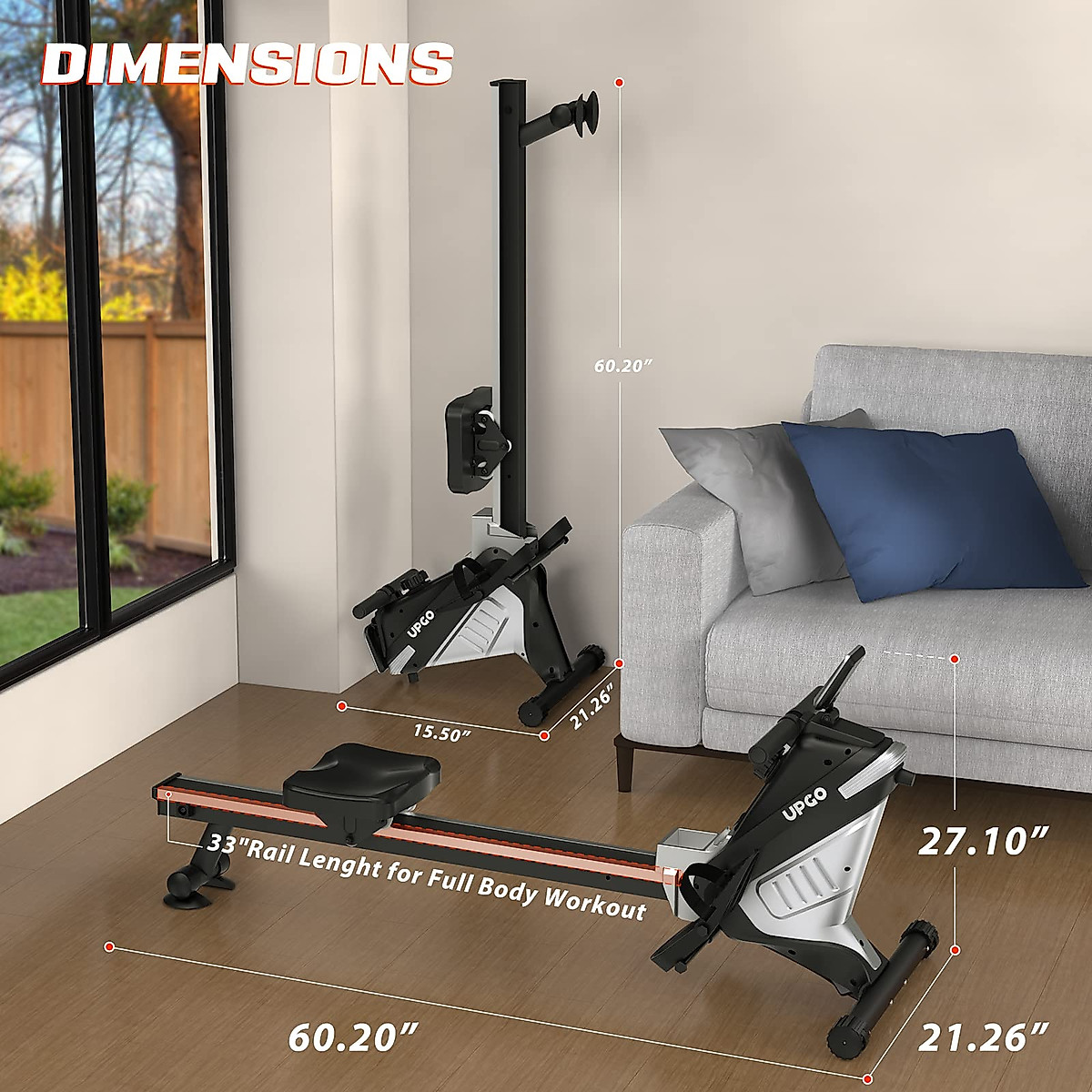 Upgo Rower Magnetic Rowing Machine Indoor Foldable Rower with 8 Level Adjustable Quiet Magnetic Resistance, Ergonomic Seat & LCD Monitor Cardio Exercise Training Max Weight 350 lbs