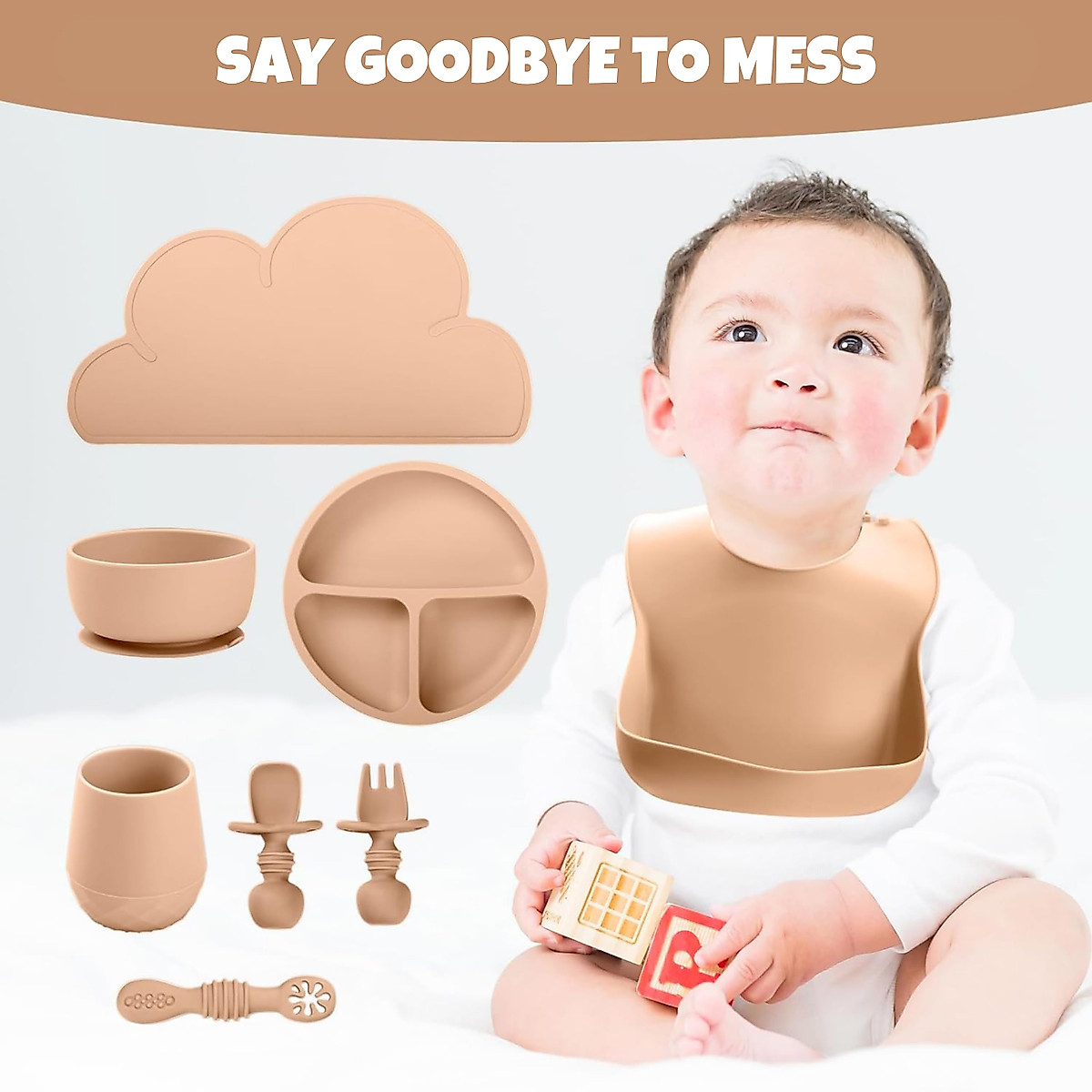 SILICONE FEEDING SET FOR BABY - BABY LED WEANING SUPPLIES - SILICONE BOWLS BABY - BABY'S PLATE-SELF FEEDING SPOONS FOR BABYS-TODDLER FORK-BABY PLATES WITH SUCTION-SUCTION BOWL AND PLATE-BABY FEEDING