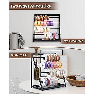 ZOMICE Ribbon Holder Organizer Rack with Storage Tray, 4 Tier Ribbon Spool Holder Stand,Metal Sewing Organizer Display Shelf for Craft Room,Cake Shop,Flower Store(On the Table & Wall Mounted)