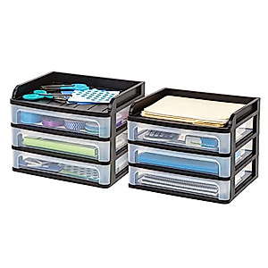 IRIS USA Medium 3-Drawer Desktop Organizer with Open Tray Top, 2 Pack, for Office, School, Stationary, Makeup Organizer, Bathroom, Utility, Medical Supplies, Desk Organizer, Versatile Storage, Black