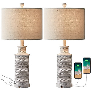 BOBOMOMO 3-Way Dimmable Touch Control Table Lamp Set of 2 with Dual USB Charging Ports for Bedroom Living Room Vintage Rustic Farmhouse Traditional Nightstand Bedside Lamps(Bulbs Included)